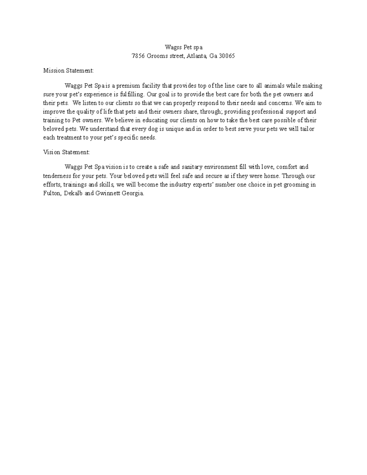 Wiggles Pet spa mission and vision statement for made up company ...