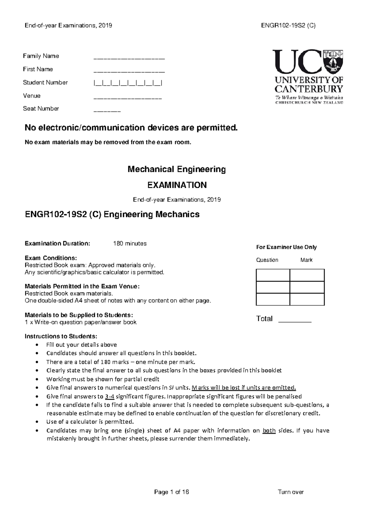 Engr102 19S2 - exam - 19 exam - End-of-year Examinations, 2019 ENGR102 ...