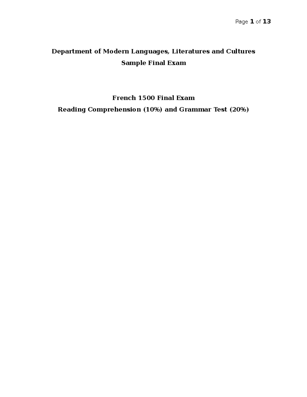 French 1500 Sample Final Exam Intersession 2022 - Department of Modern ...