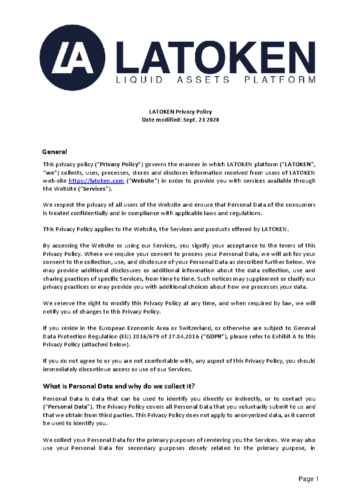 Privacy-policy-v2 - This shows the idea of having information - LATOKEN Privacy Policy Date ...
