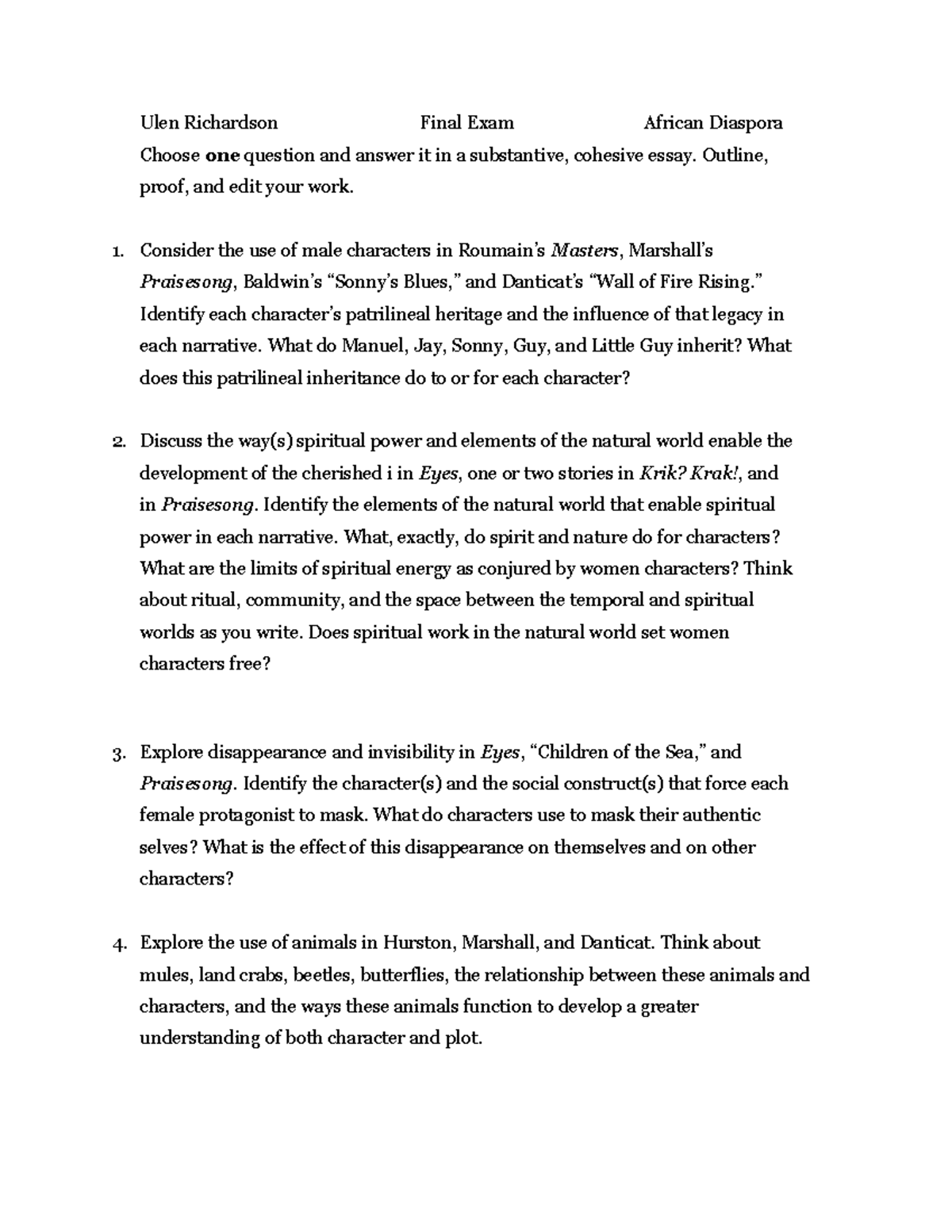 Final Exam - Essay Qs - Ulen Richardson Final Exam African Diaspora ...