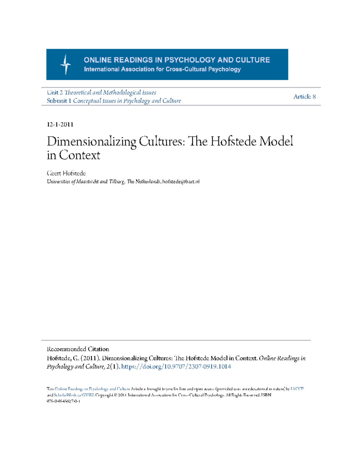 Dimensionalizing Cultures The Hofstede Model in Context-1 - Unit 2 Theoretical and ...