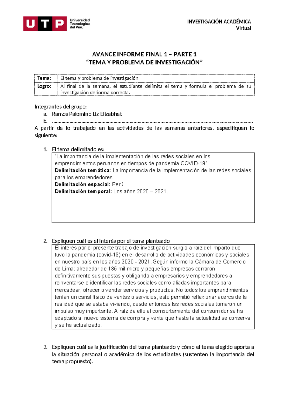 Semana 03-Formato Avance de Informe Final 1 - Parte 1 Tema y problema de investigación - - Studocu