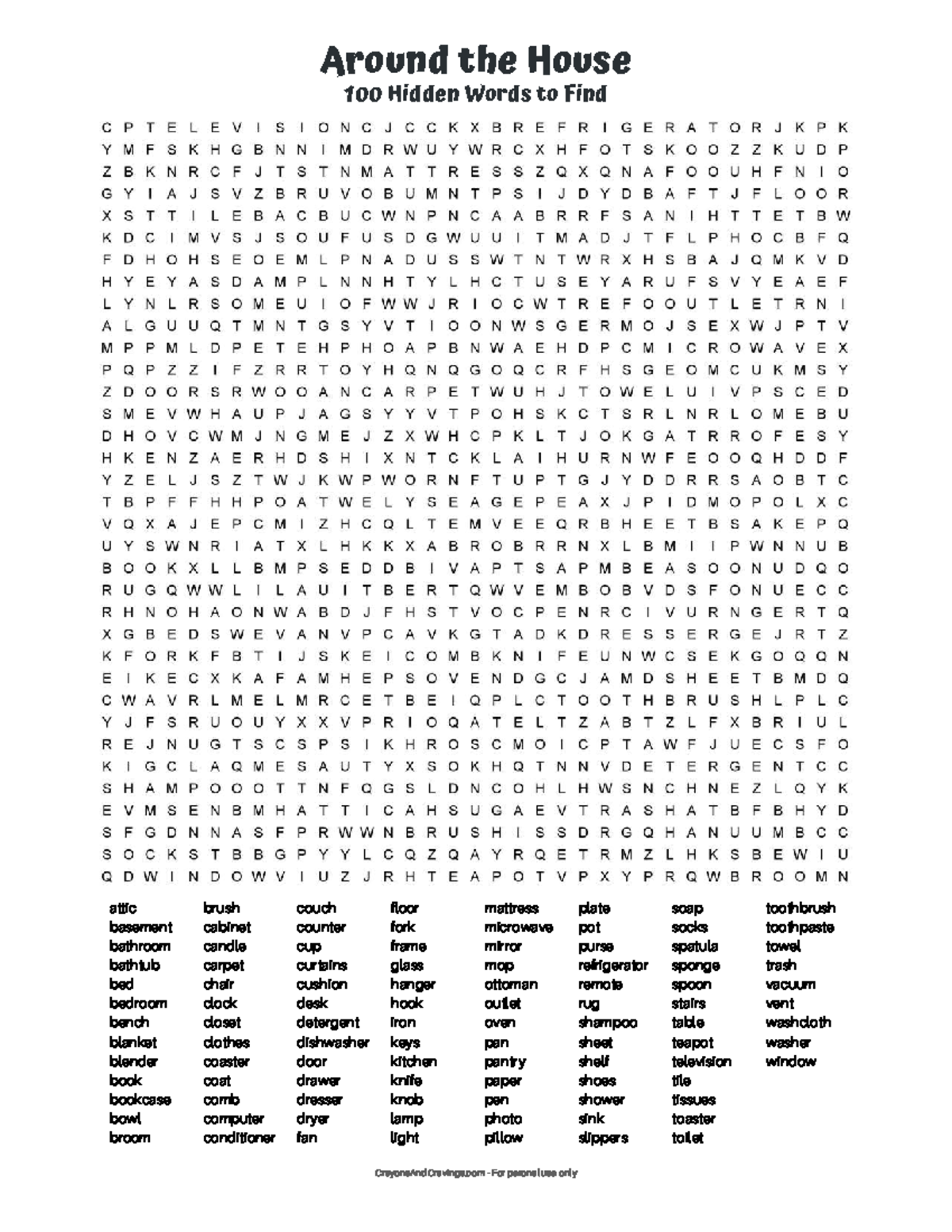 100 Word Hard Word Search Free Printable PDF - Around the House 100 ...