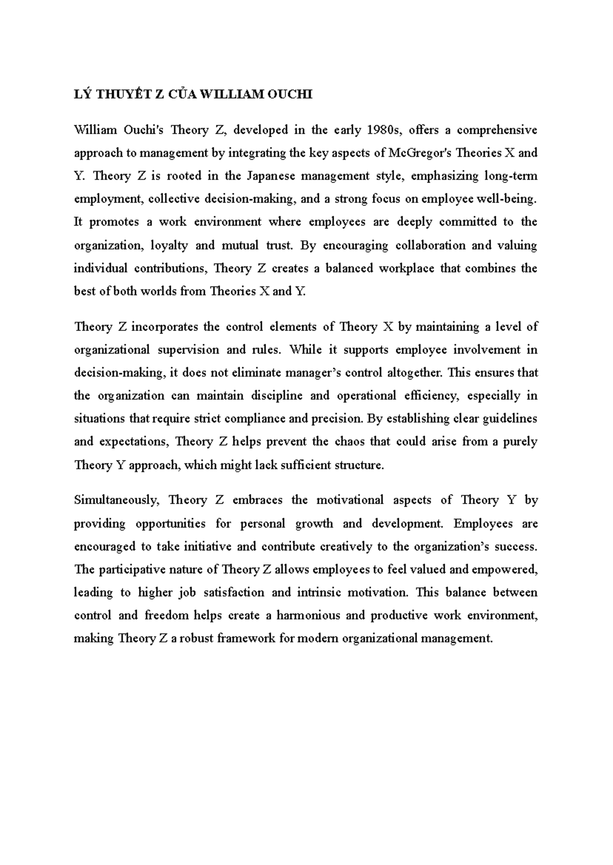 Lý thuyết Z của William Ouchi - LÝ THUYẾT Z CỦA WILLIAM OUCHI William ...