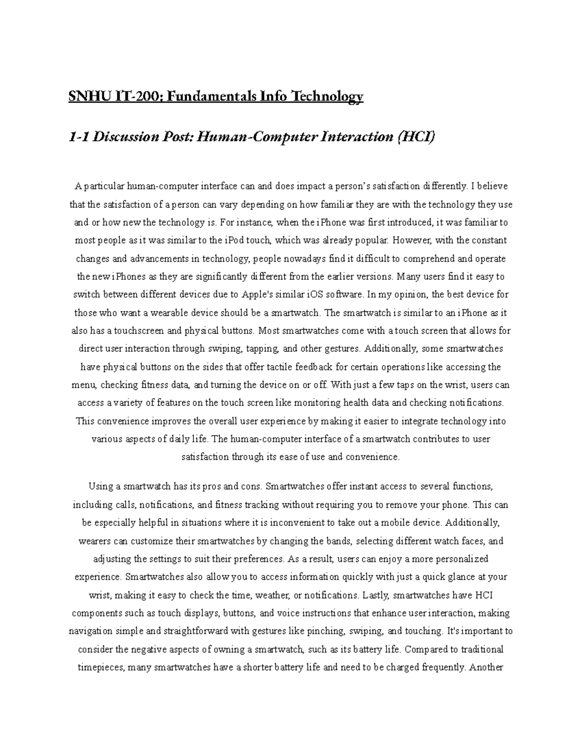 IT-200 Module One Discussion Post: HCI - SNHU IT-200: Fundamentals Info ...