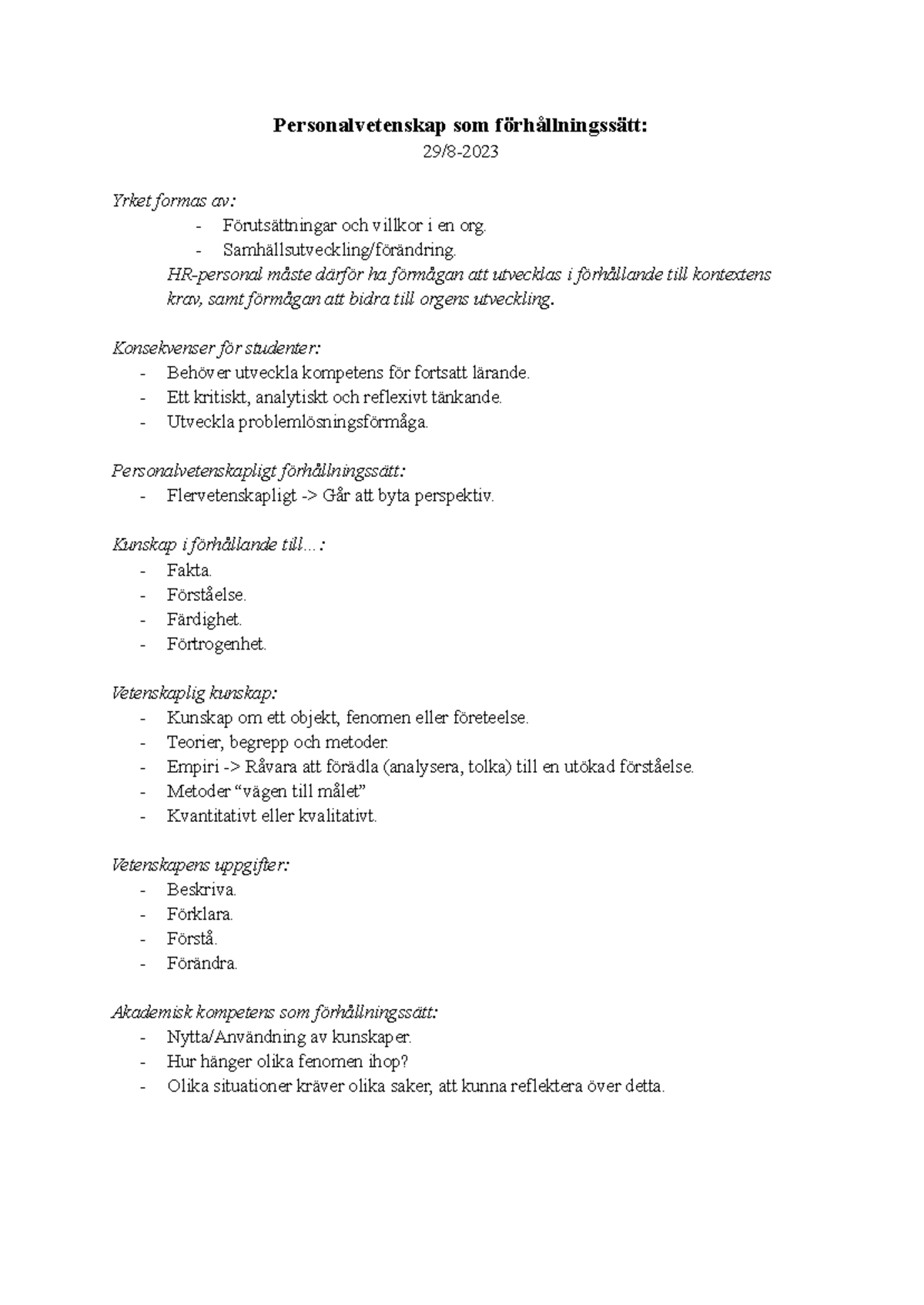HURB01 - Personalvetenskap som förhållningssätt - Personalvetenskap som förhållningssätt: 29/8 ...