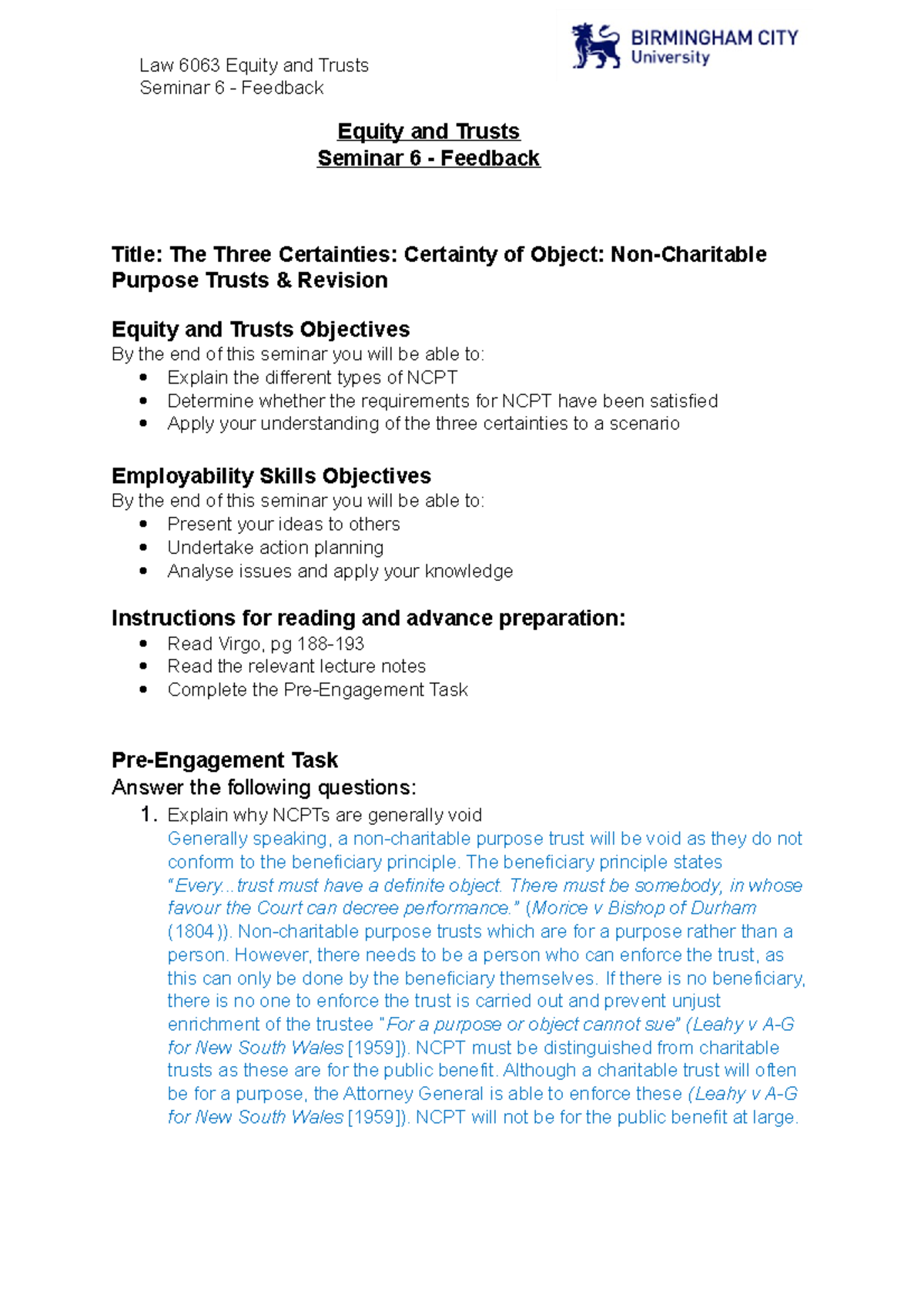 Seminar 6 - Certainty of object - NCPT Feedback - Seminar 6 - Feedback ...