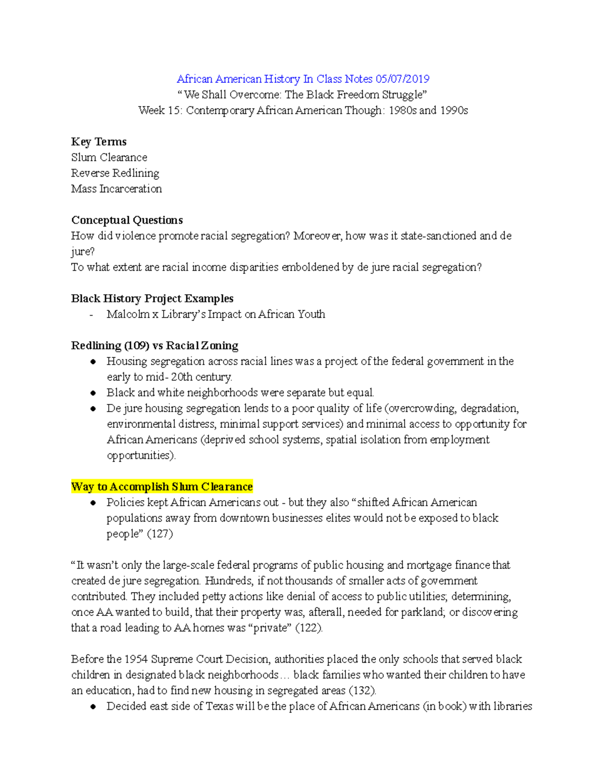 African American History In Class Notes Week 15 - African American ...