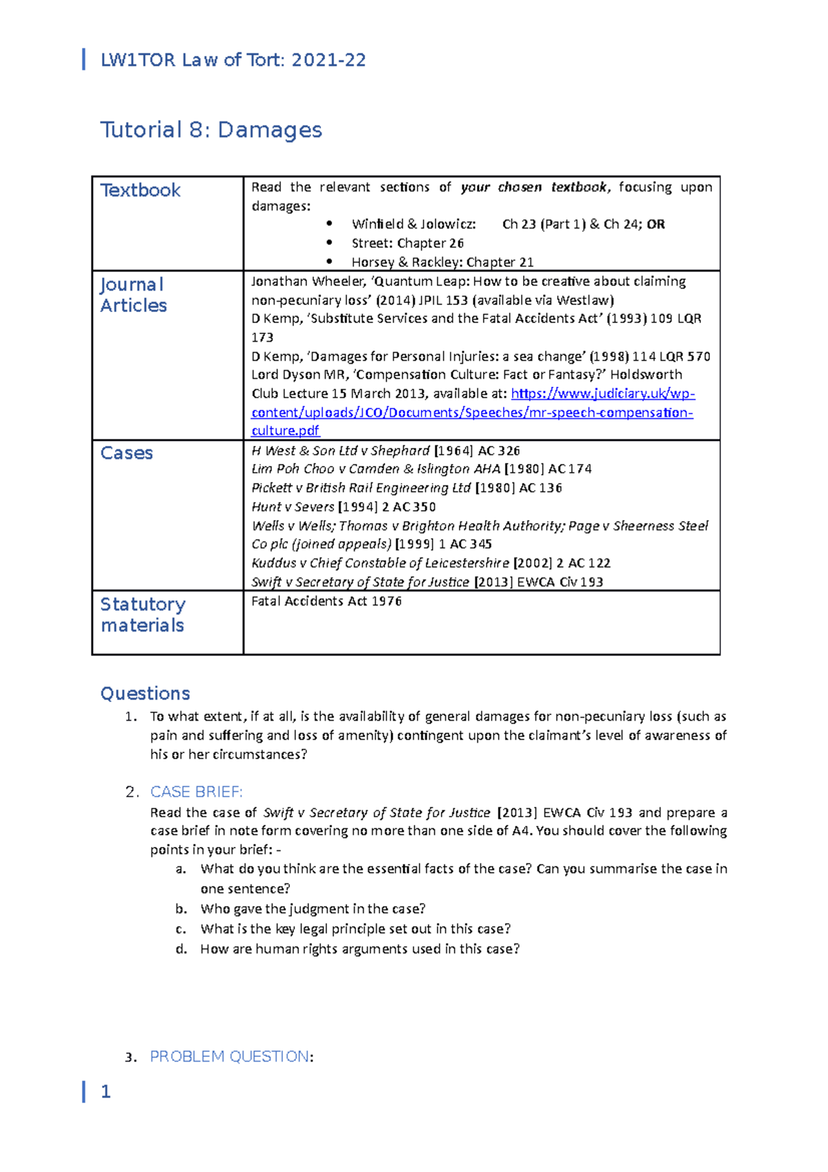 Tutorial 8 - Damages - LW1TOR Law of Tort: 2021- Tutorial 8: Damages ...