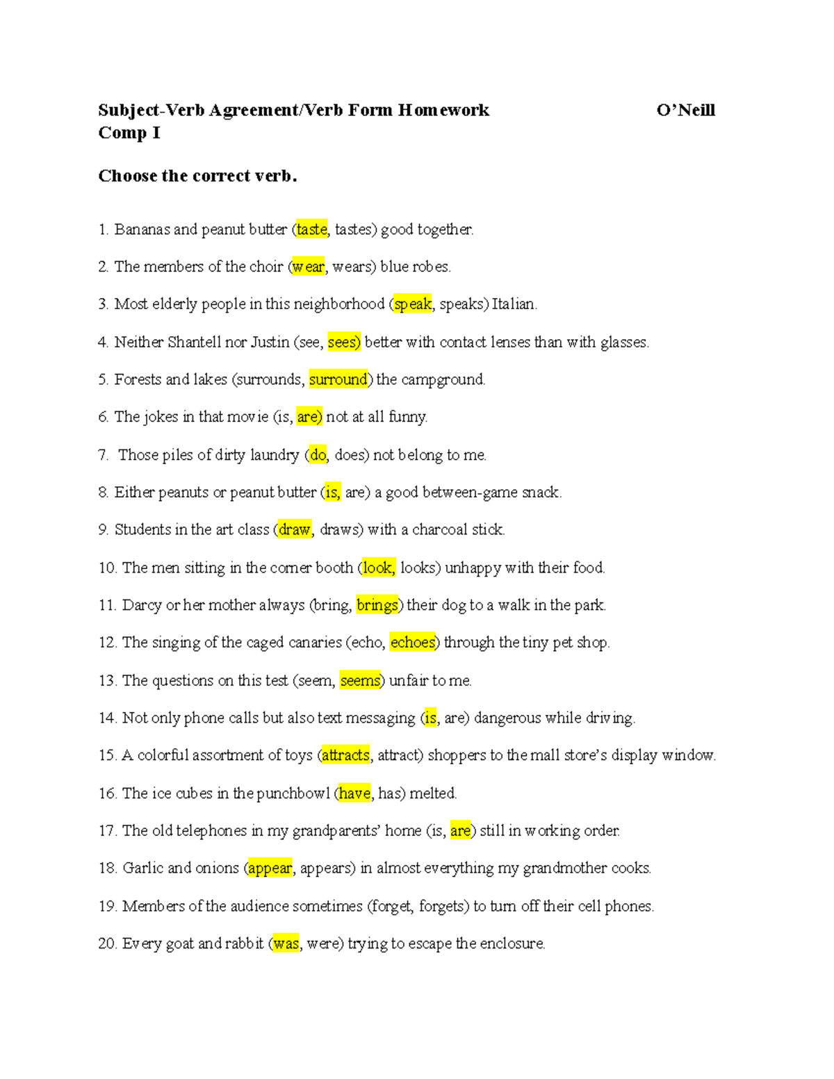 Completed Comp Homework - Subject-Verb Agreement/Verb Form Homework O ...