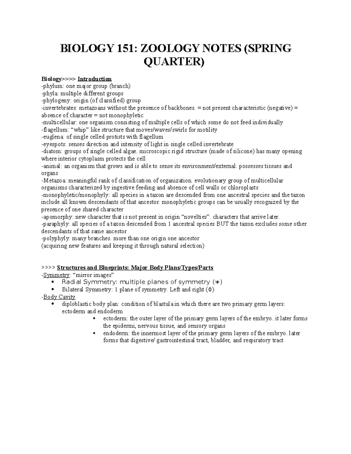 Biology 151- Zoology Notes - BIOLOGY 151: ZOOLOGY NOTES (SPRING QUARTER ...