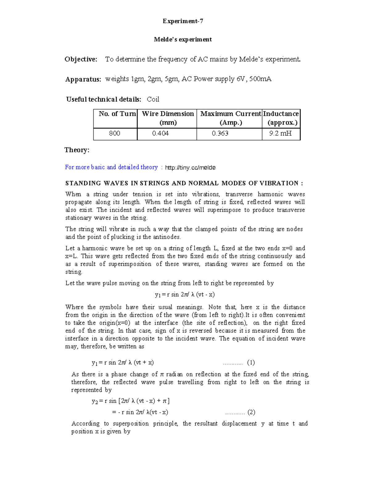 7. Melde's exp - manual of melde's experiment - No. ofTurn Wire ...