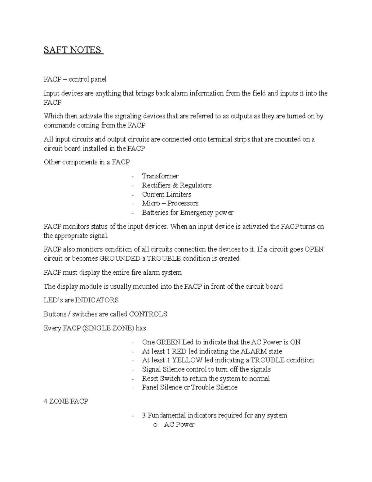 SAFT Notes - course assignment - SAFT NOTES FACP – control panel Input ...