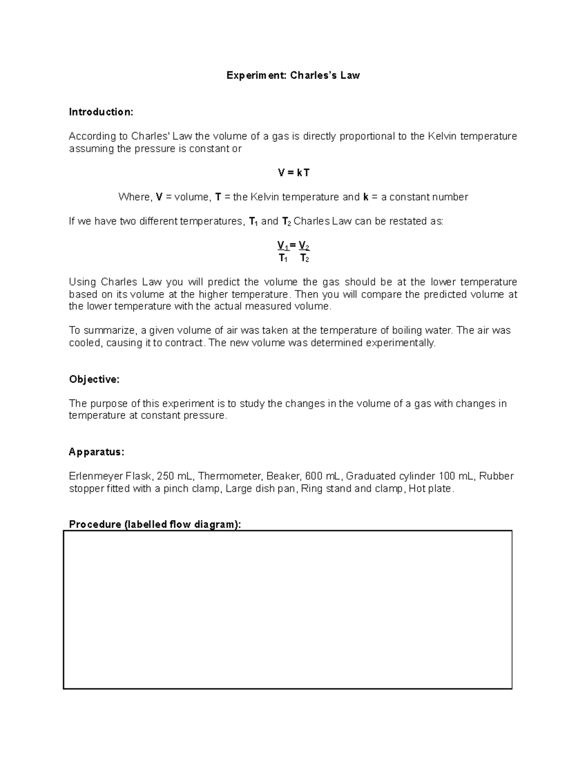 Lab manual Charles law (E-Lab) - Experiment: Charles’s Law Introduction ...