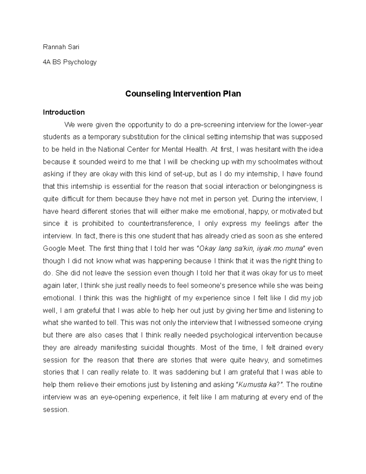 counseling intervention plan bla bla - Rannah Sari 4A BS Psychology ...