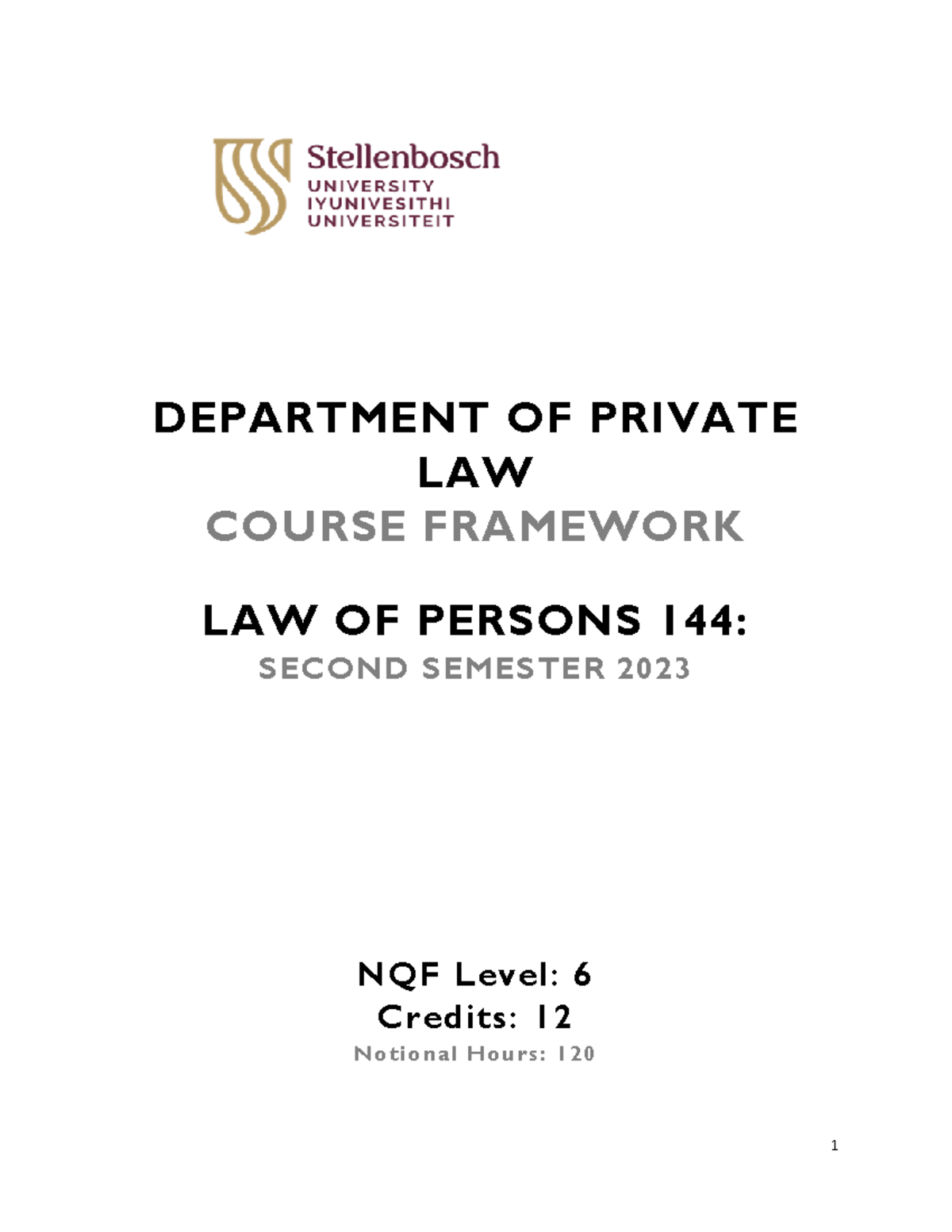 Law of Persons 144 Course Framework 2023-2 - DEPARTMENT OF PRIVATE LAW ...