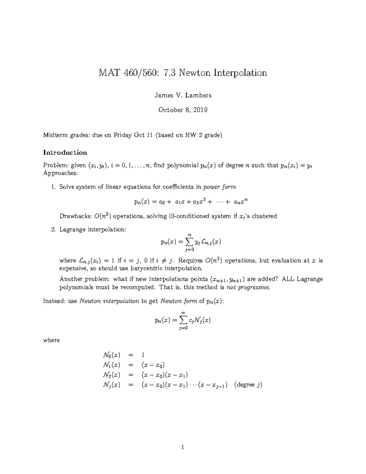 Notes 1008 - 7.3 - Newton Interpolation - MAT 460/560: 7 Newton ...