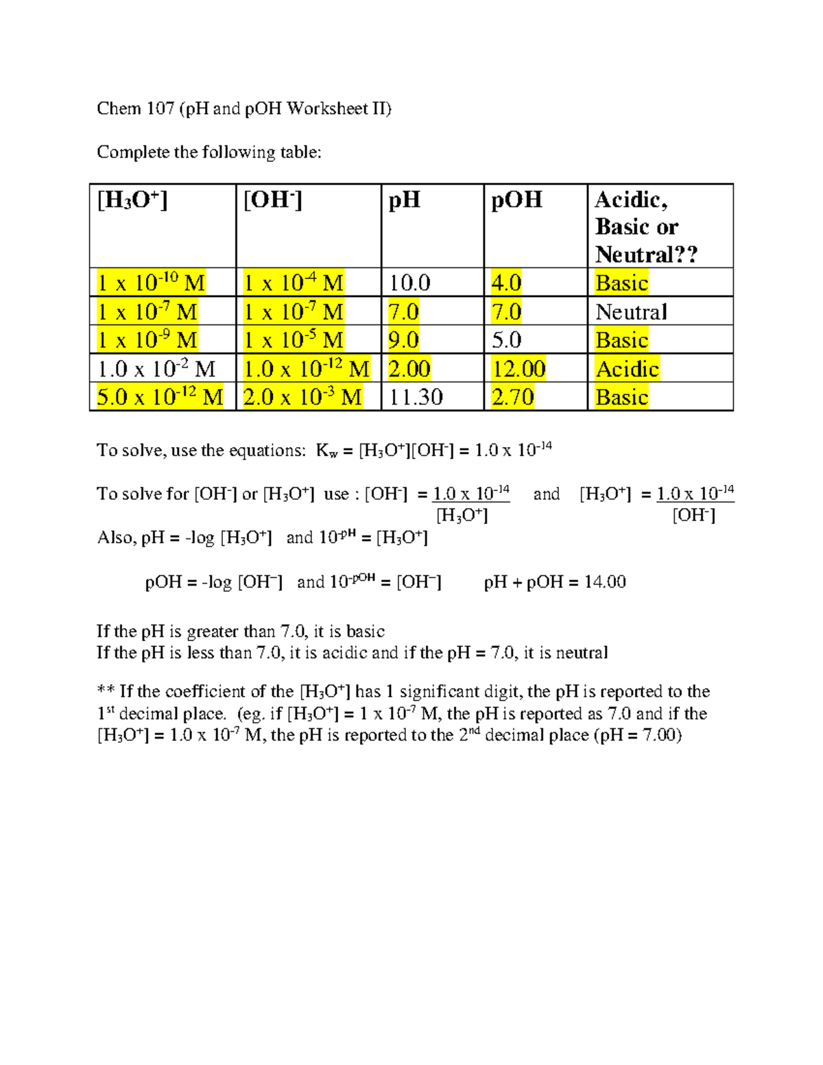 Chem 107 p H and p OH Worksheet II (Answers) - Chem 107 (pH and pOH ...