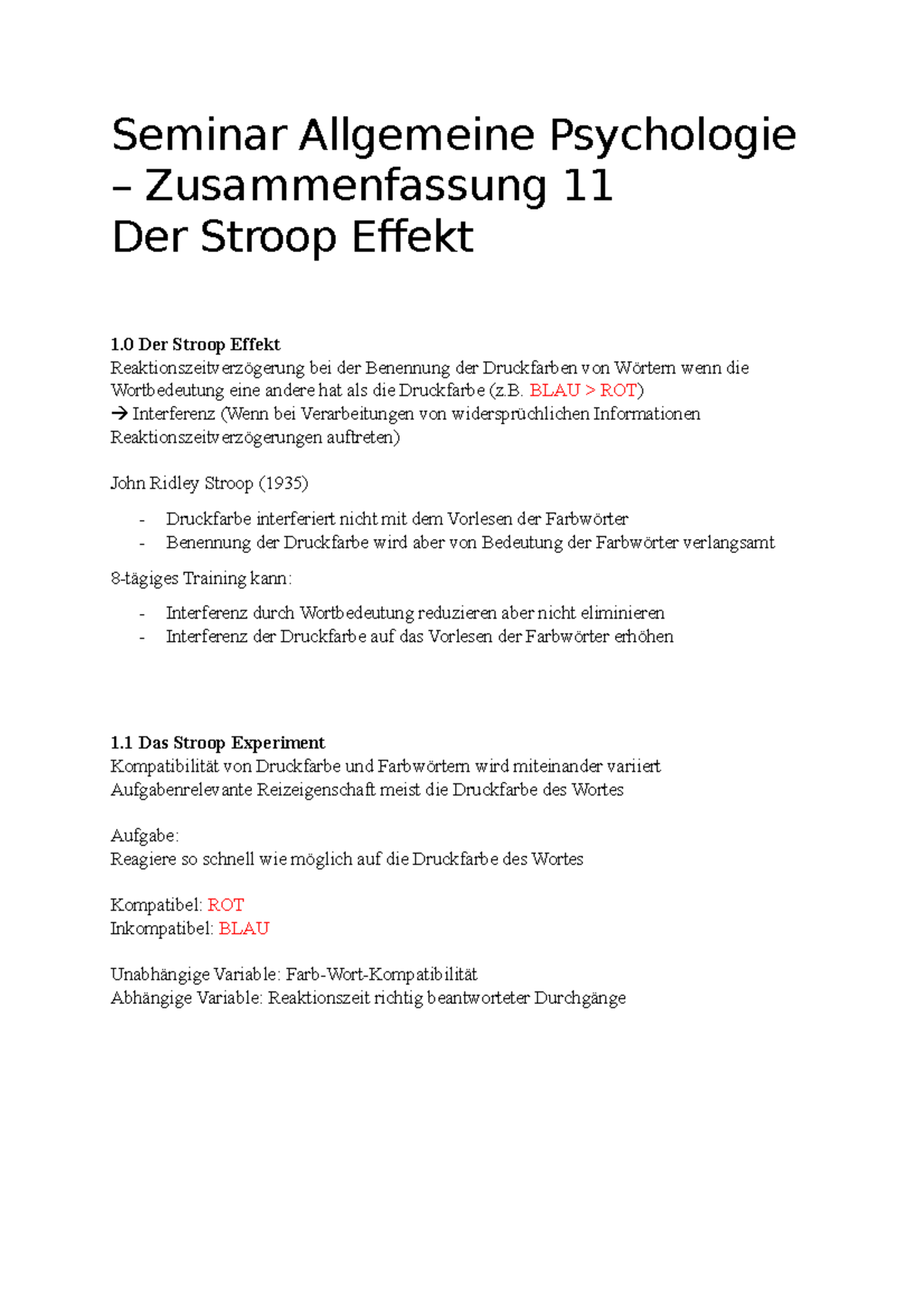 11. Zusammenfassung 11 Allgemeine Psychologie Seminar - Seminar Allgemeine Psychologie – - Studocu