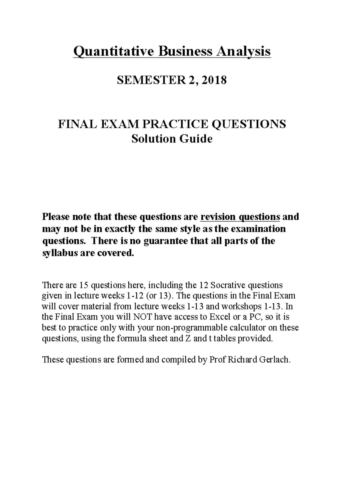 Final exam 2019, answers - Quantitative Business Analysis SEMESTER 2 ...