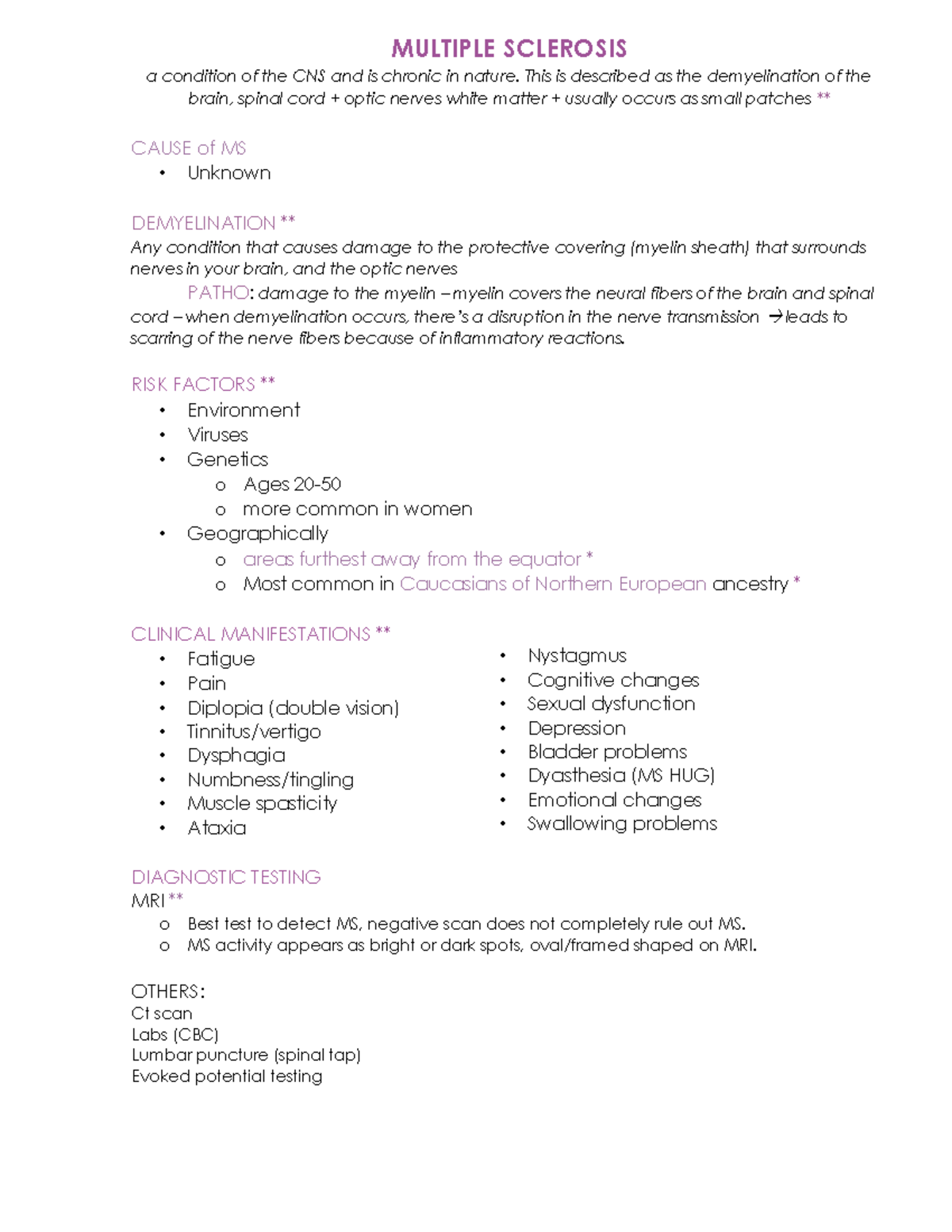 Multiple sclerosis study guide - MULTIPLE SCLEROSIS a condition of the ...