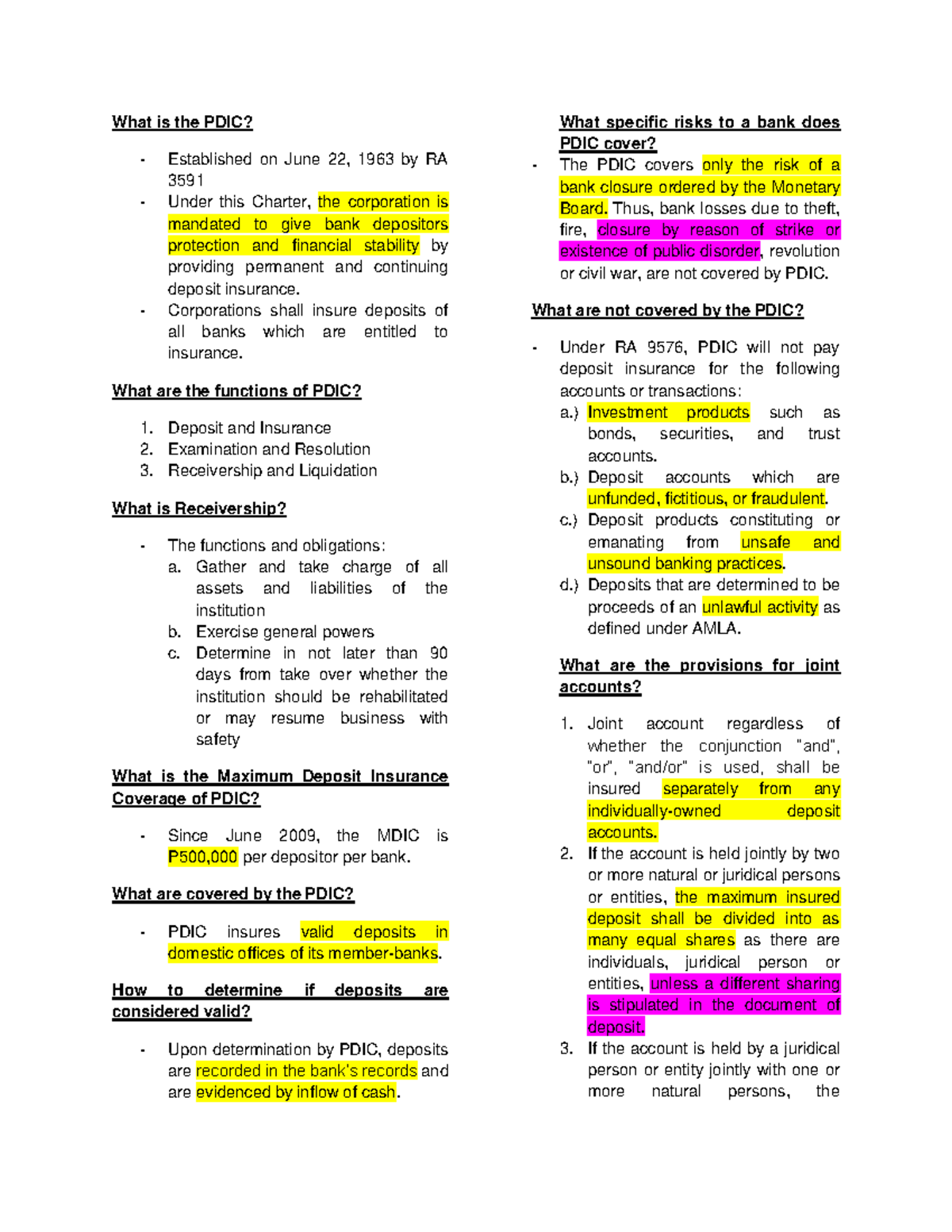 Finals-RFBT- Reviewer - What is the PDIC? Established on June 22, 1963 ...