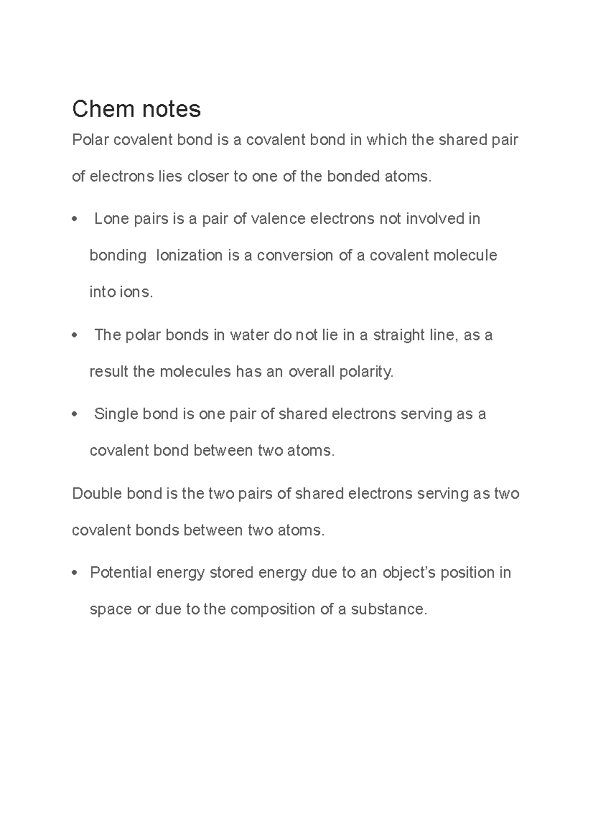 notes for consumer chem - Chem notes Polar covalent bond is a covalent ...
