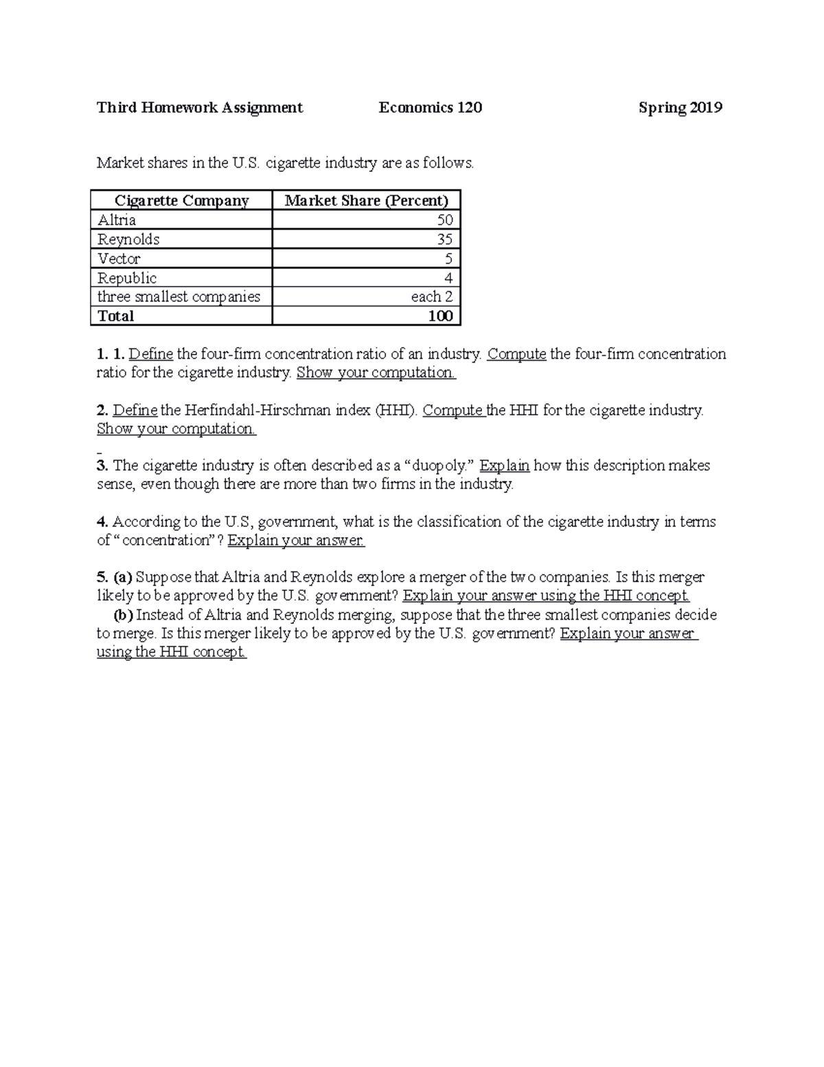 Ec120s19c - 3rd HW assignment - Third Homework Assignment Economics 120 Spring 2019 Market ...