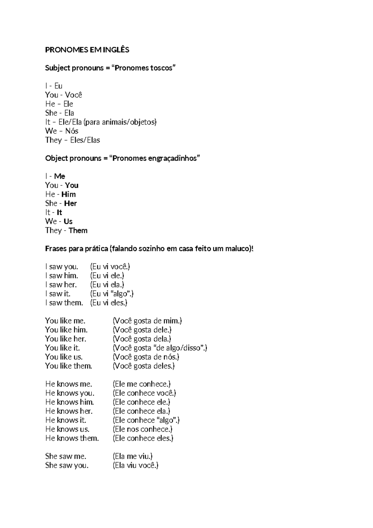 Exercicio De Ingles Pronomes - RETOEDU