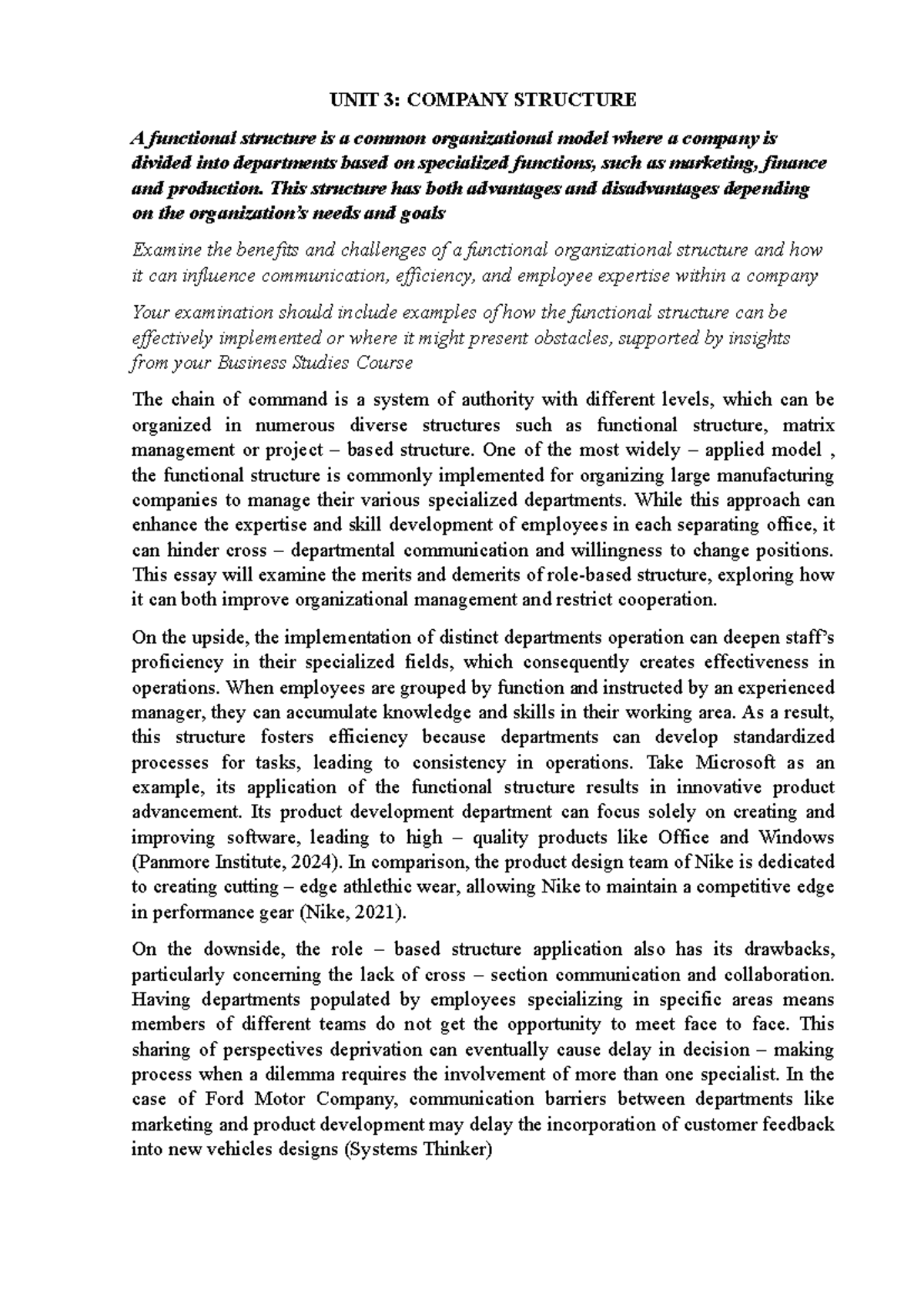 UNIT 3 - Company Structure - UNIT 3: COMPANY STRUCTURE A functional structure is a common - Studocu