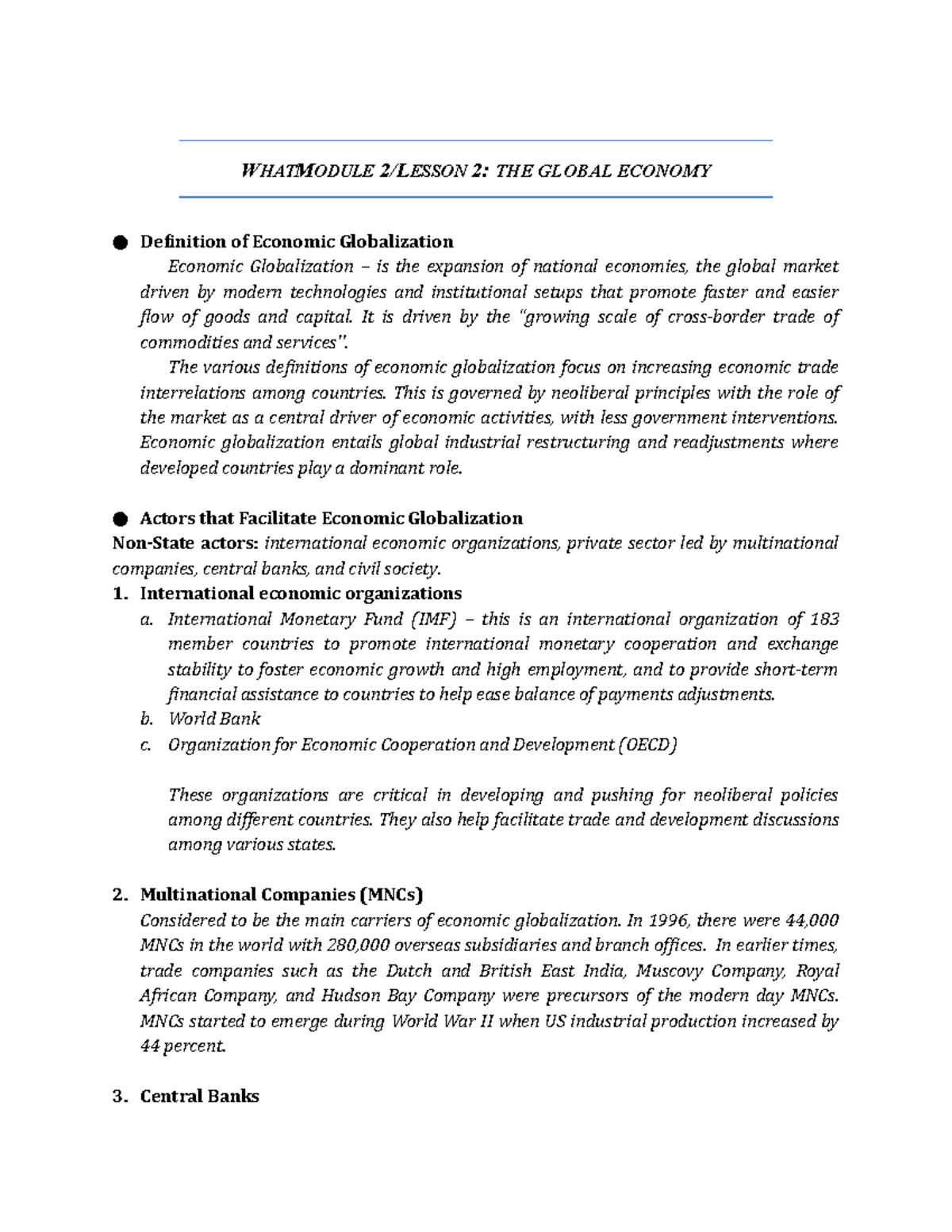 Module 2 The Global Economy Week 2 - WHATMODULE 2/LESSON 2: THE GLOBAL ...