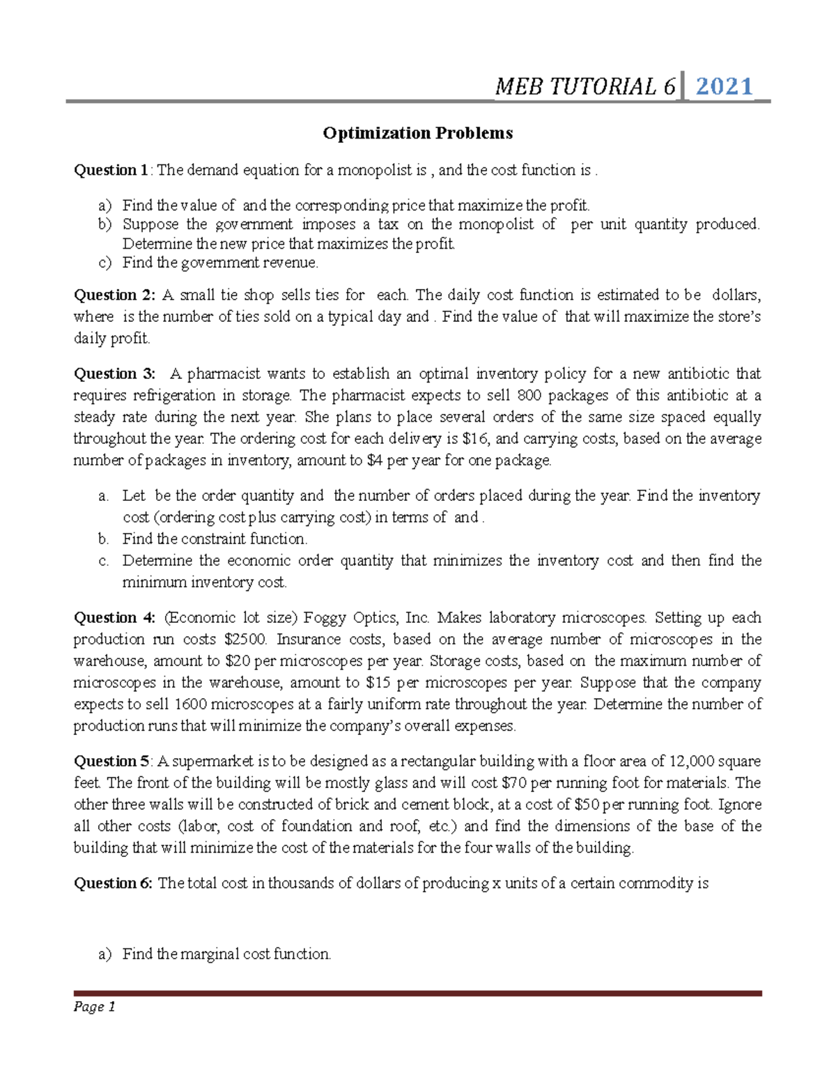 MEB 2021 TUT 6 - no more - MEB TUTORIAL 6 2021 Optimization Problems ...