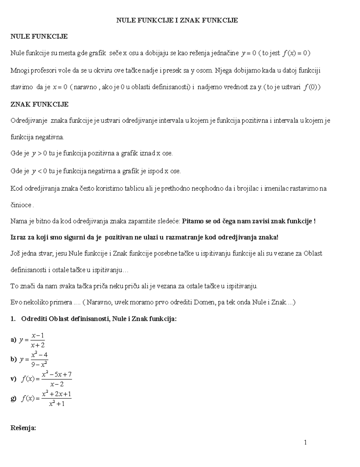 NULE Funkcije I ZNAK Funkcije - NULE FUNKCIJE I ZNAK FUNKCIJE NULE ...