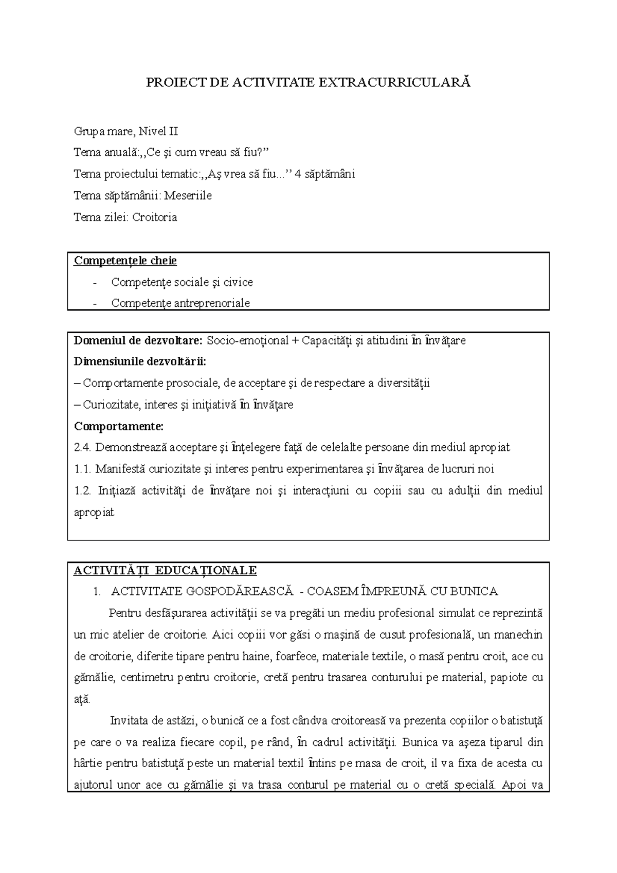 Proiect activ extracurriculara croitoria - PROIECT DE ACTIVITATE ...