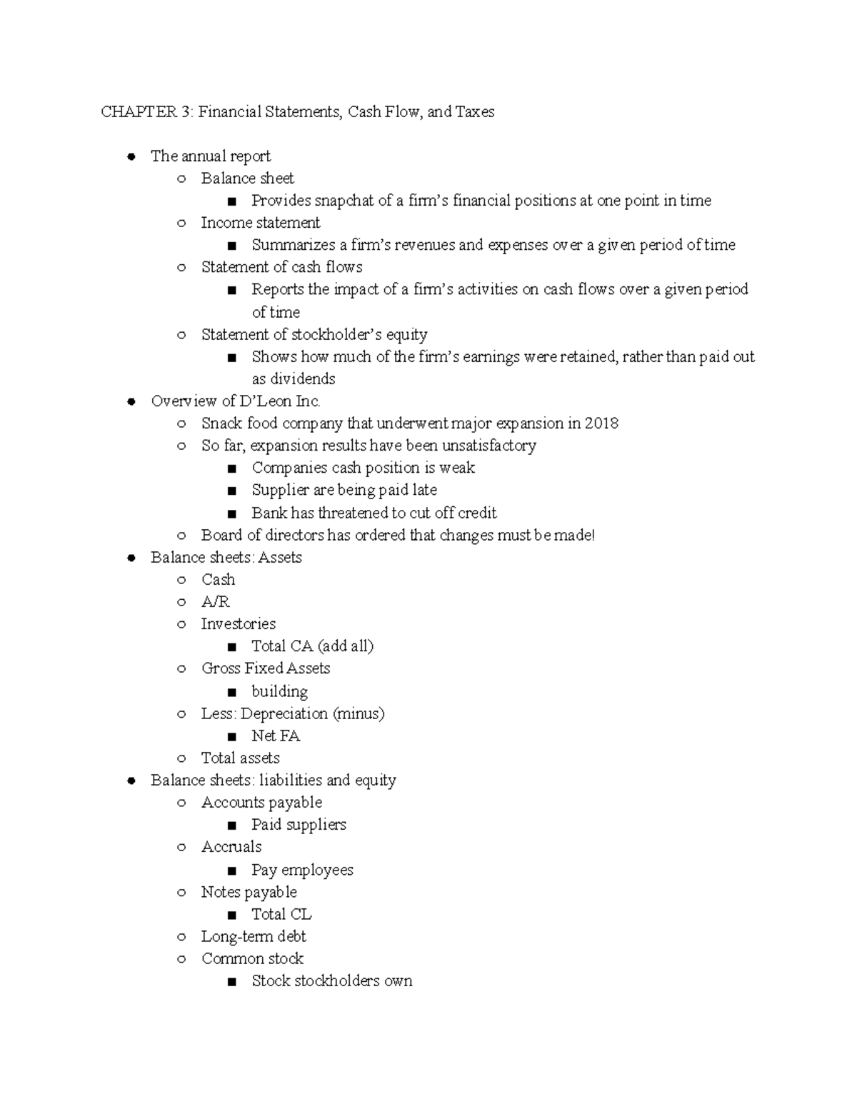 FIN 320- WEEK 3 Notes - financial statements, cash flow, and taxes ...