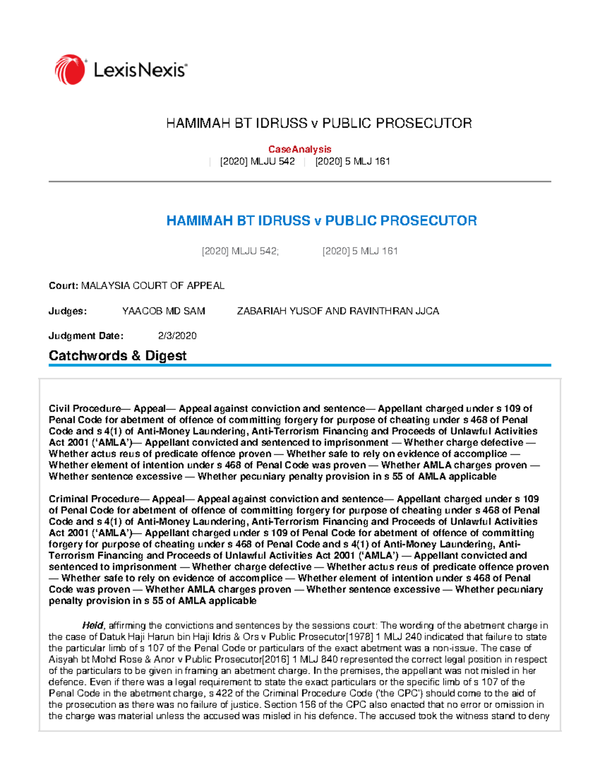 Hamimah BT Idruss v Public Prosecutor - CaseAnalysis | [2020] MLJU 542 ...