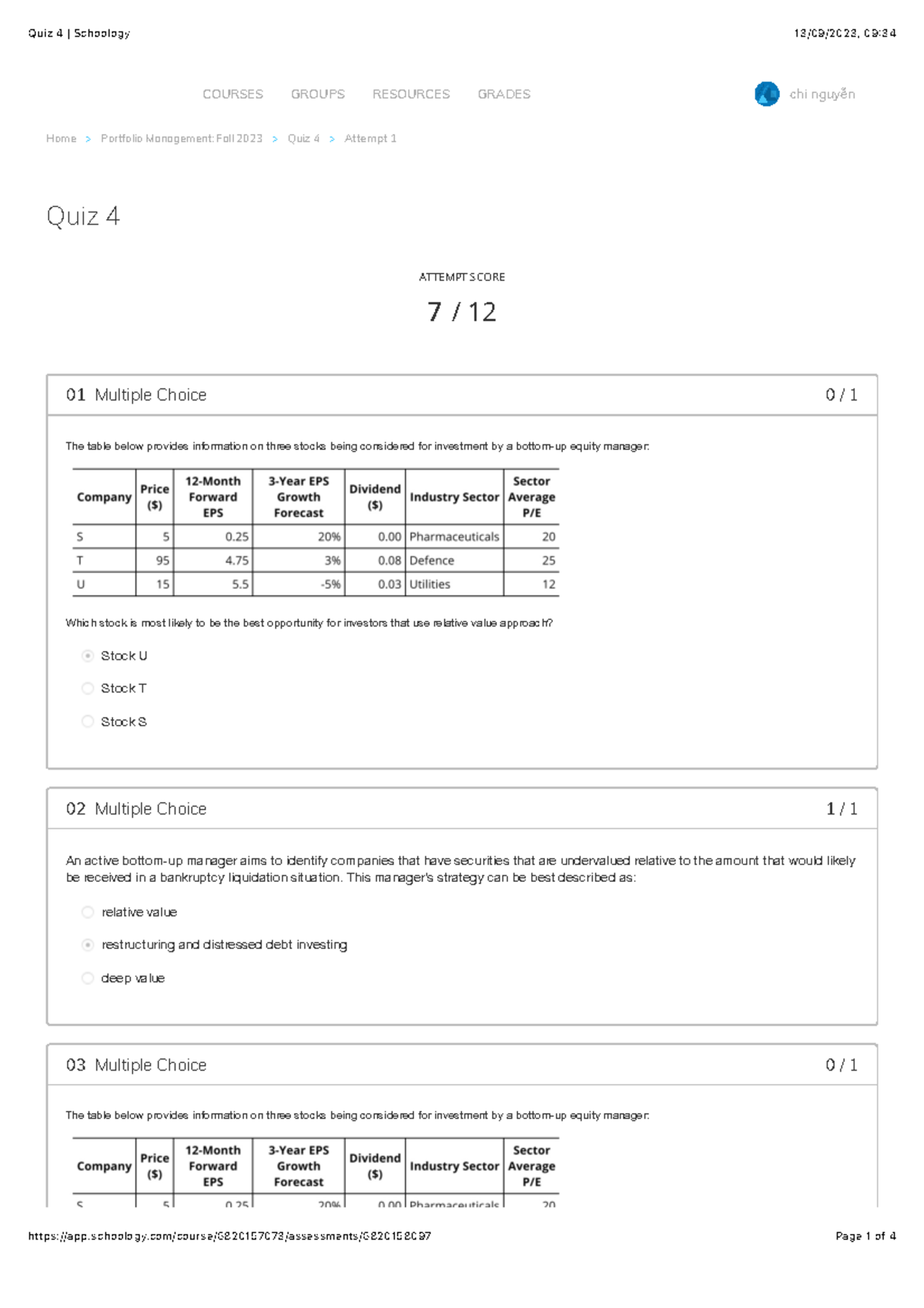 Quiz 4 Schoology - trắc nghiệm - Home > Portfolio Management: Fall 2023 ...