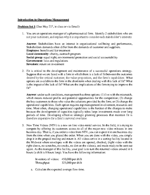 Homework 2 Solution - Introduction to Operations Management Problem Set ...