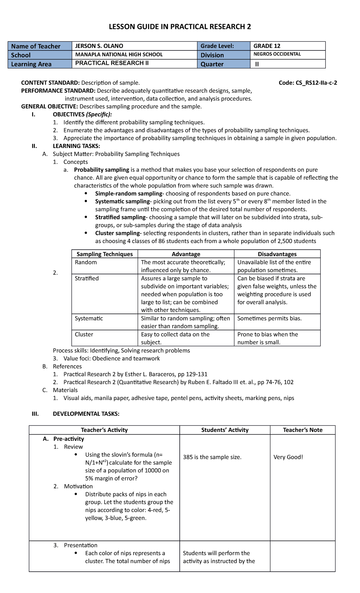 LP probability sampling - LESSON GUIDE IN PRACTICAL RESEARCH 2 Name of ...