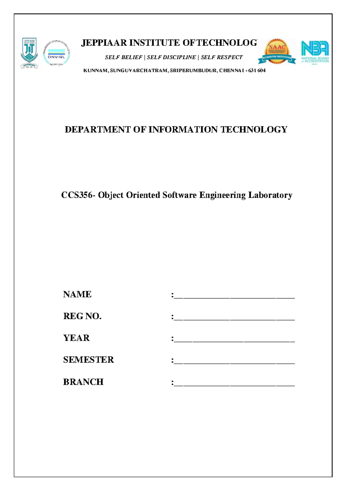 CCS356 OOSE Record - JEPPIAAR INSTITUTE OF TECHNOLOGY SELF BELIEF ...