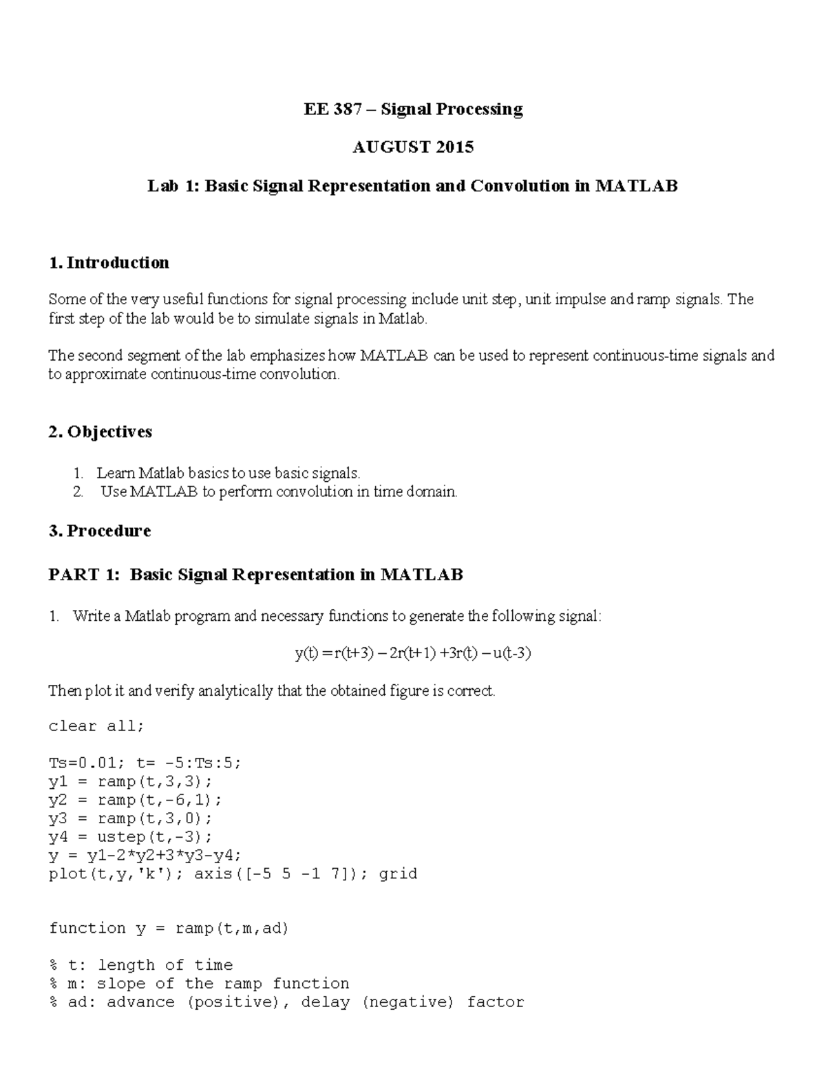 Lab 1 Lab 1 Discrete Time Signals Ee 387 Signal Processing August 2015 Lab 1 Basic