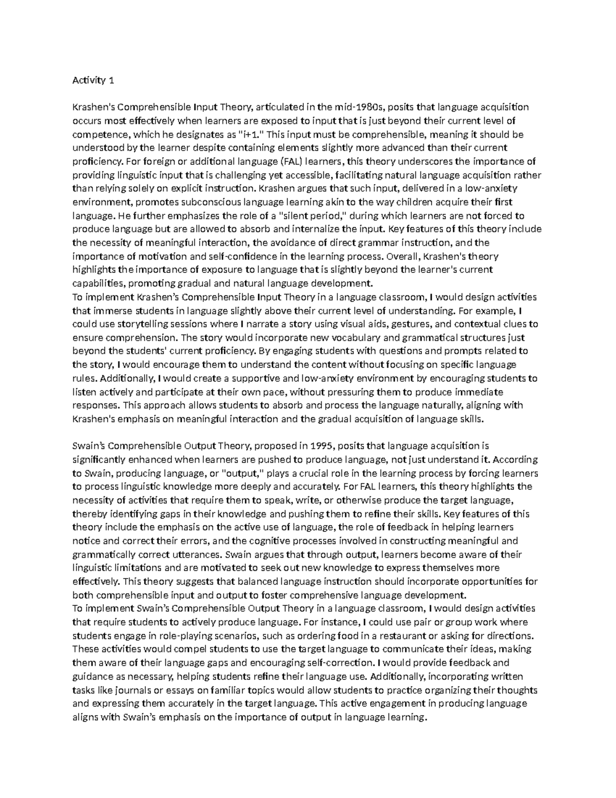 Document - Activity 1 Krashen's Comprehensible Input Theory ...