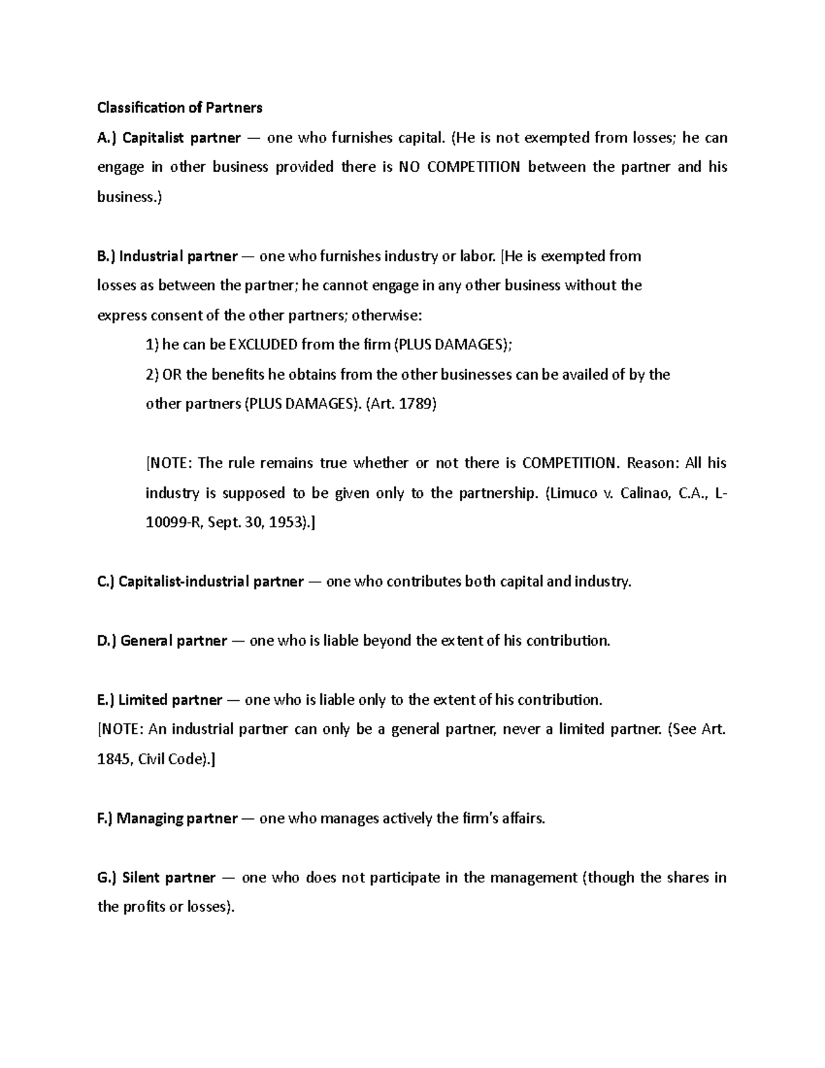 LAW ON Partnership Lecture Notes 4 - Classification of Partners A ...