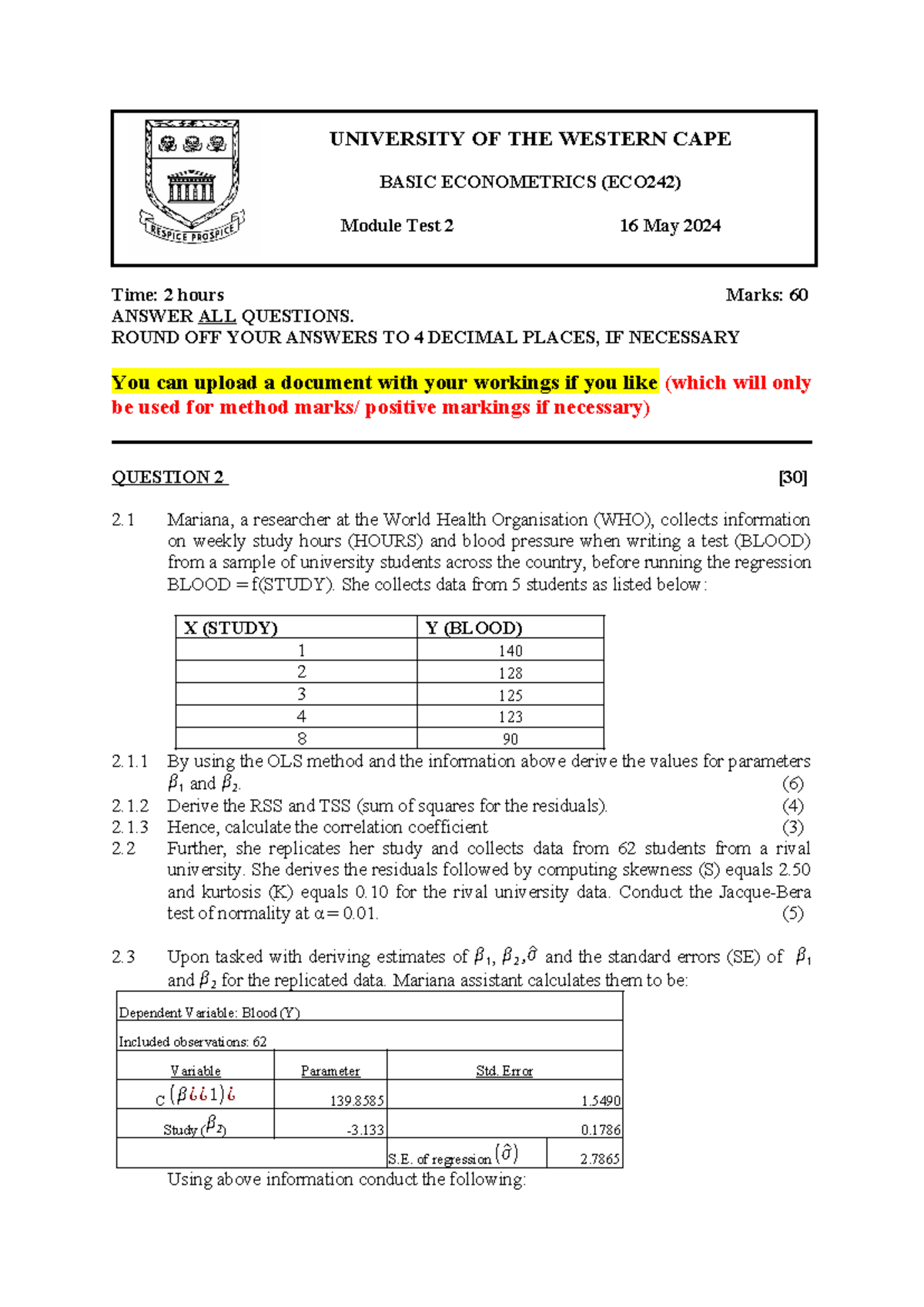 2024 Module Test 2 sick test (39) - Time: 2 hours Marks: 60 ANSWER ALL ...