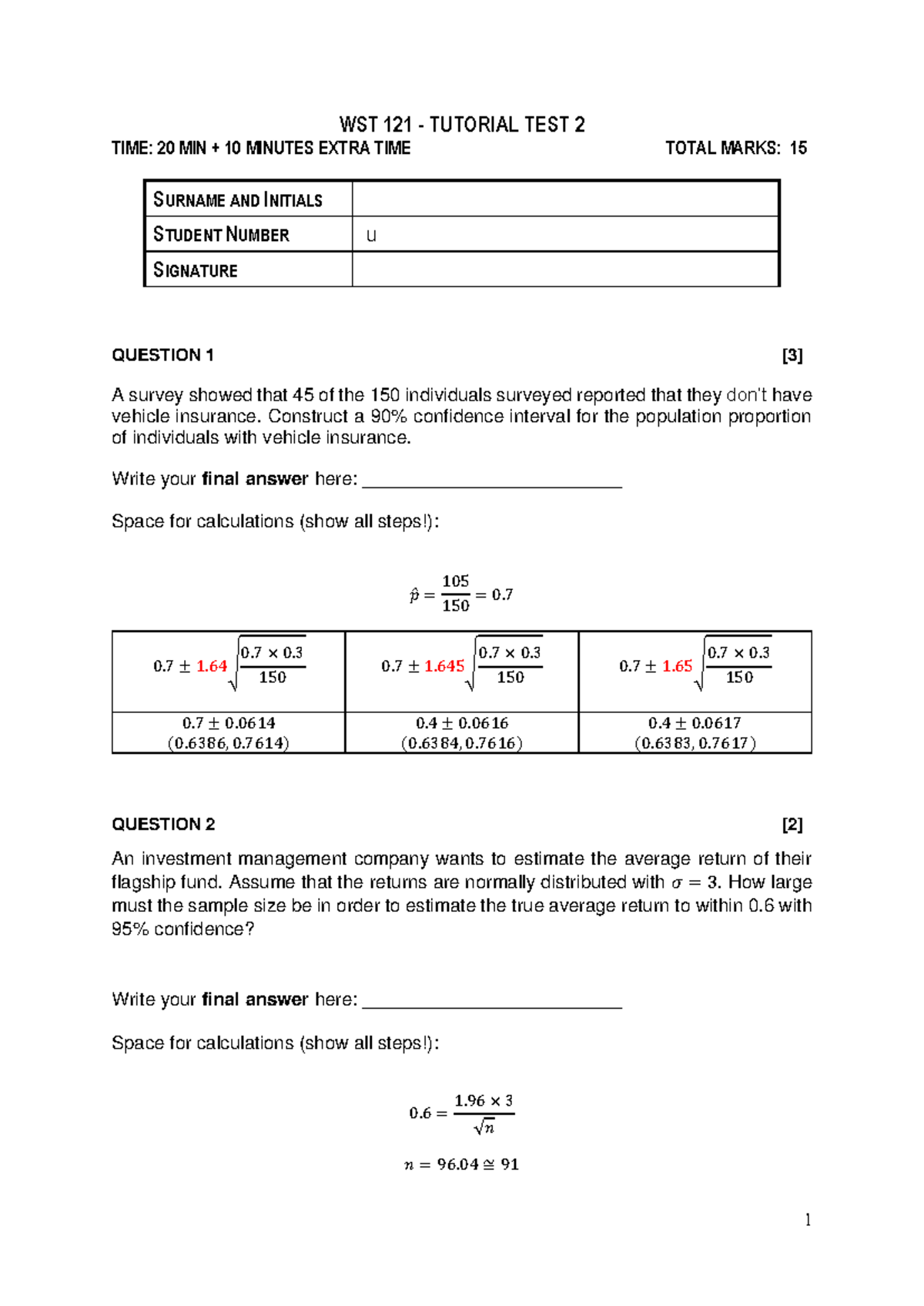 Tutorial Test 2 (Version 1) - Memorandum - WST 121 - TUTORIAL TEST 2 ...