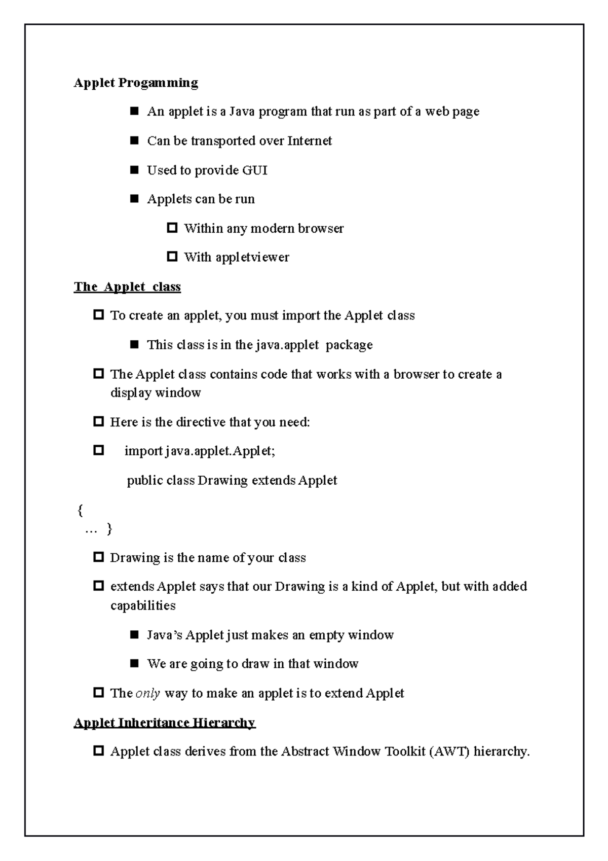 Applet Progamming - Java - MG University - Studocu