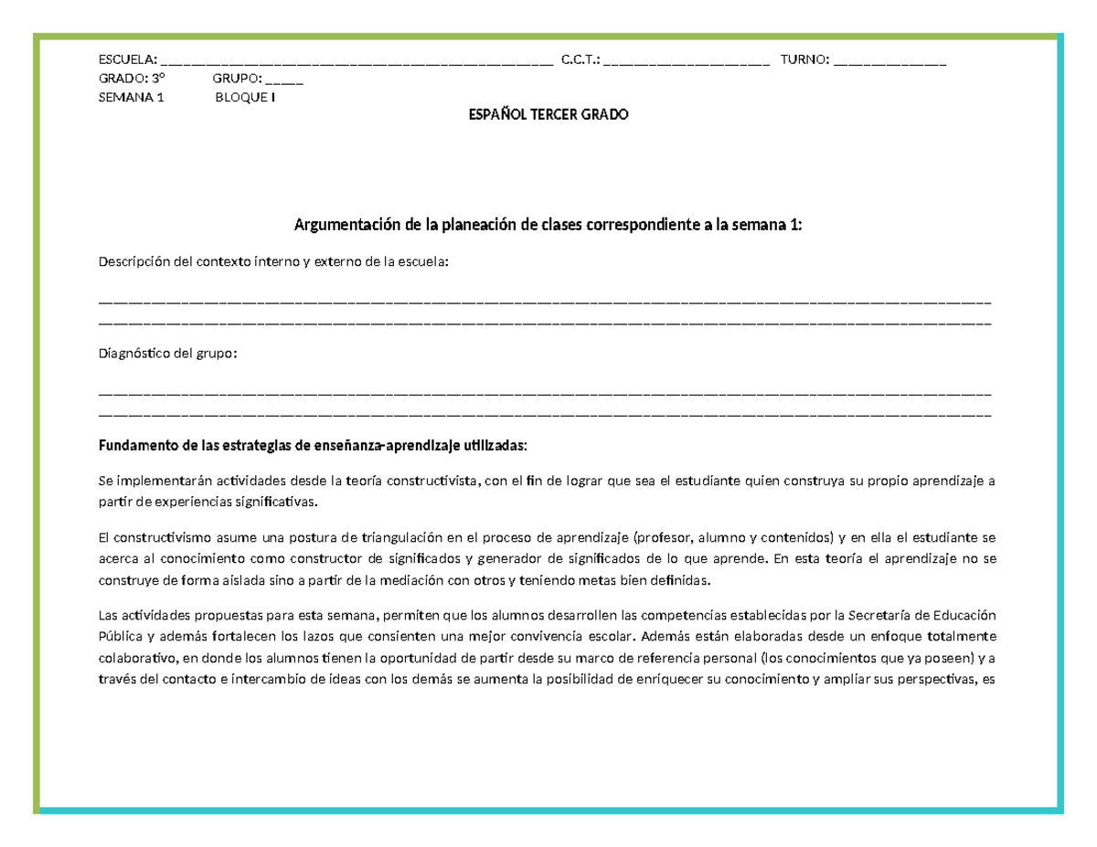 Semana 1 - BUENAS TAREAS - GRADO: 3° GRUPO: _____ SEMANA 1 BLOQUE I ...