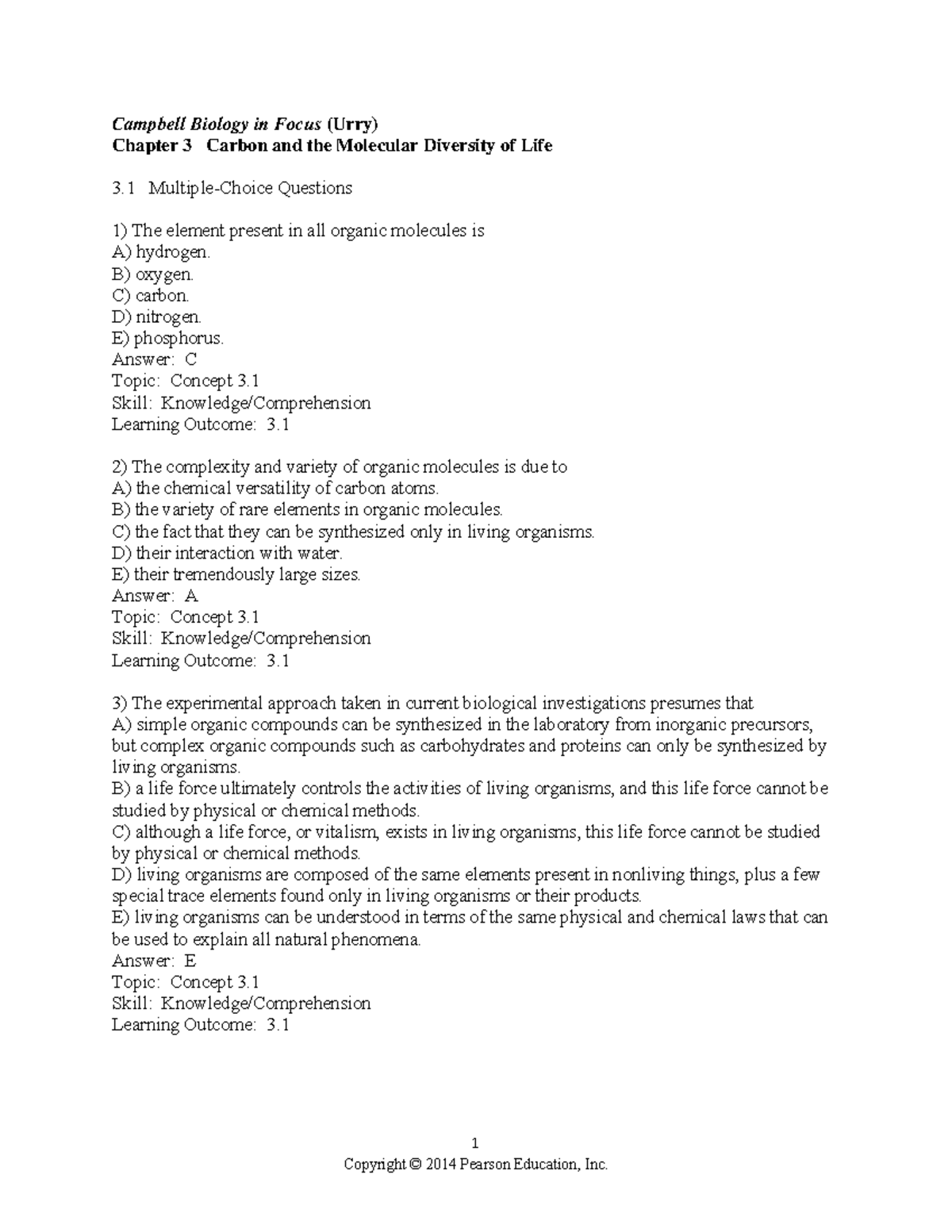 Testbank urry-bf1e ch3 - 1 Campbell Biology in Focus (Urry) Chapter 3 ...