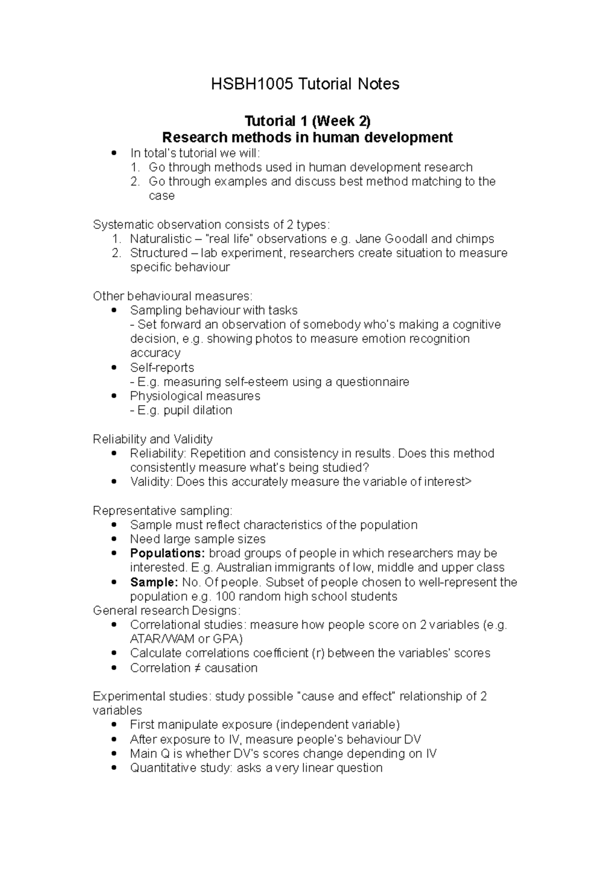 Human Development Tutorial notes - HSBH1005 Tutorial Notes Tutorial 1 ...